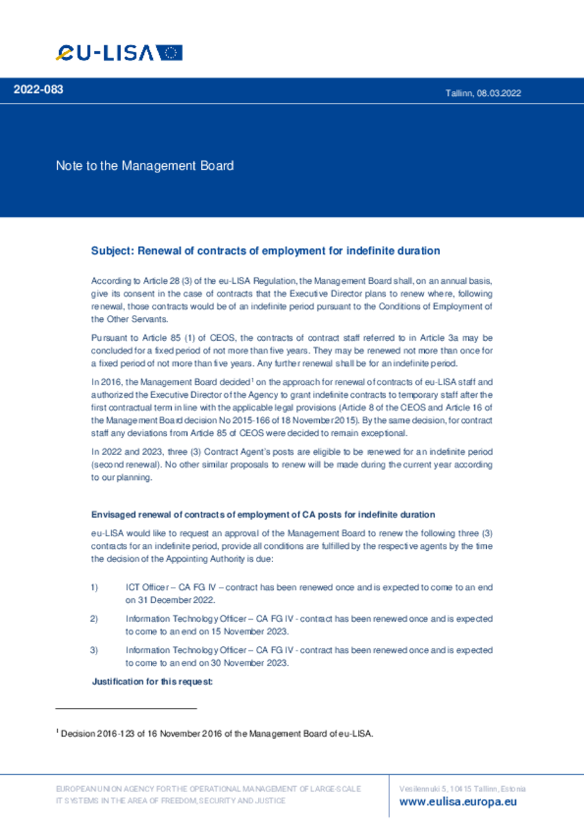 2022-083 Note to the Management Board on the renewal of contracts of employment for indefinite ...